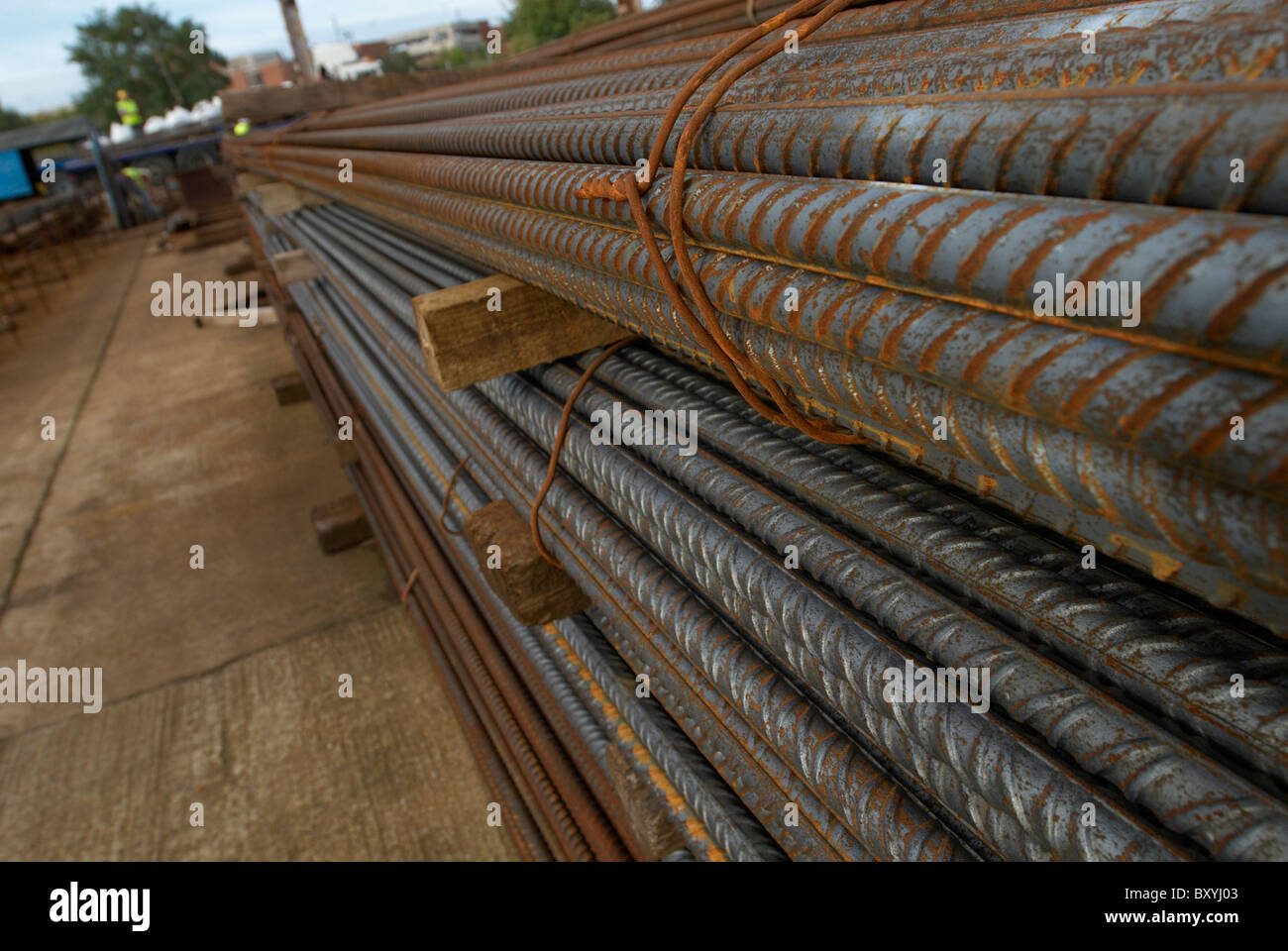 Concrete reinforcement: steel rebar stack in factory yard Stock Photo ...