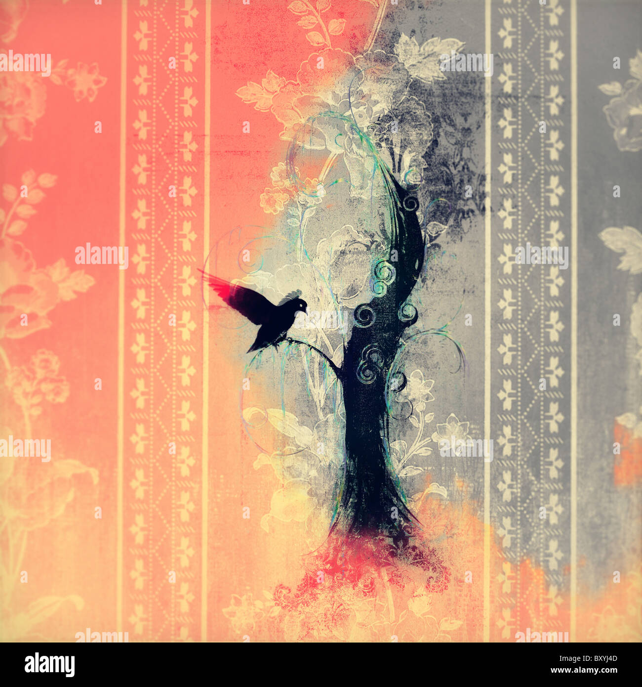 Image of black bird landing on tree, with fire around Stock Photo - Alamy