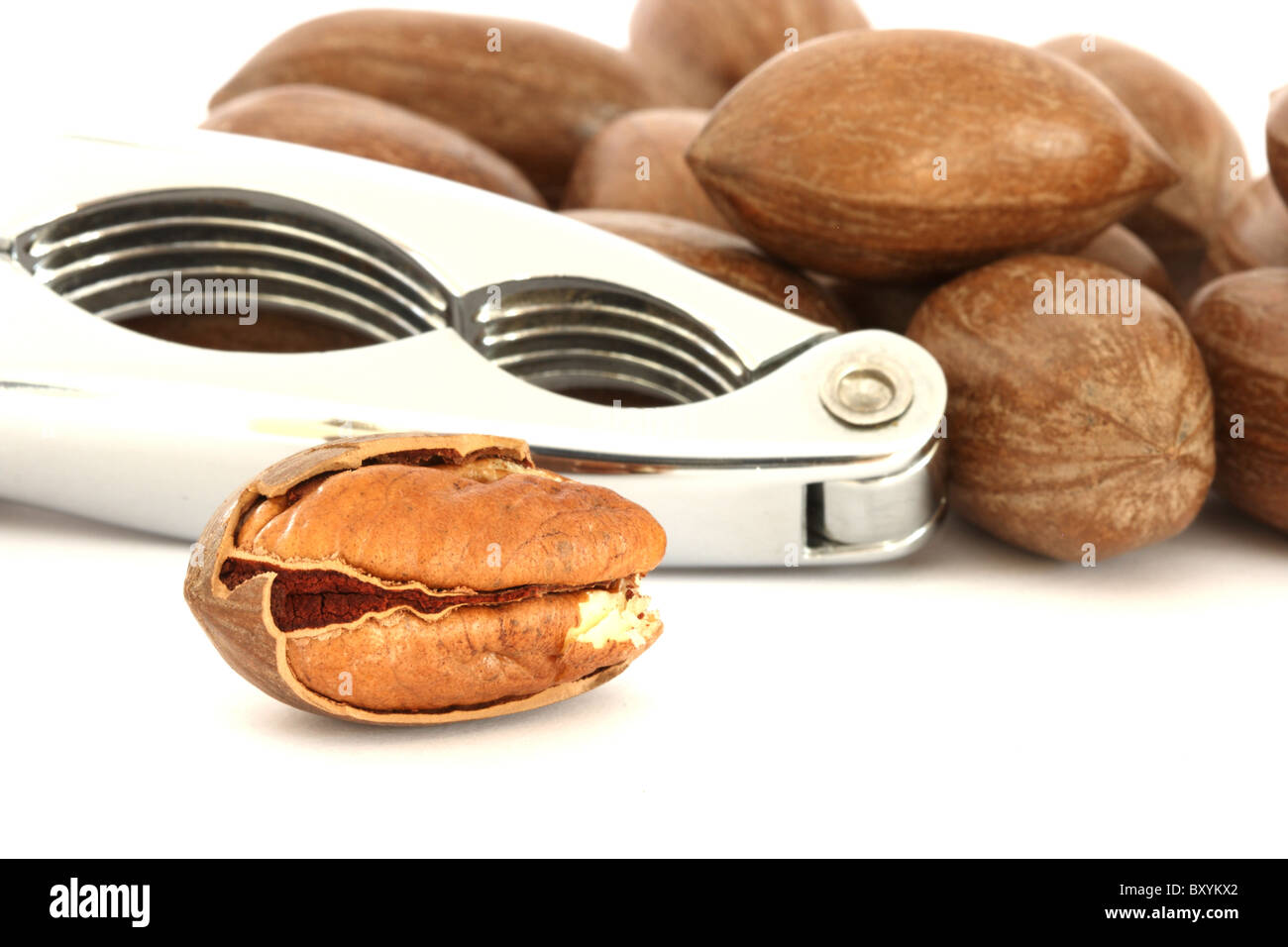 Detail view of pecan nuts and nut-cracker on white background Stock ...