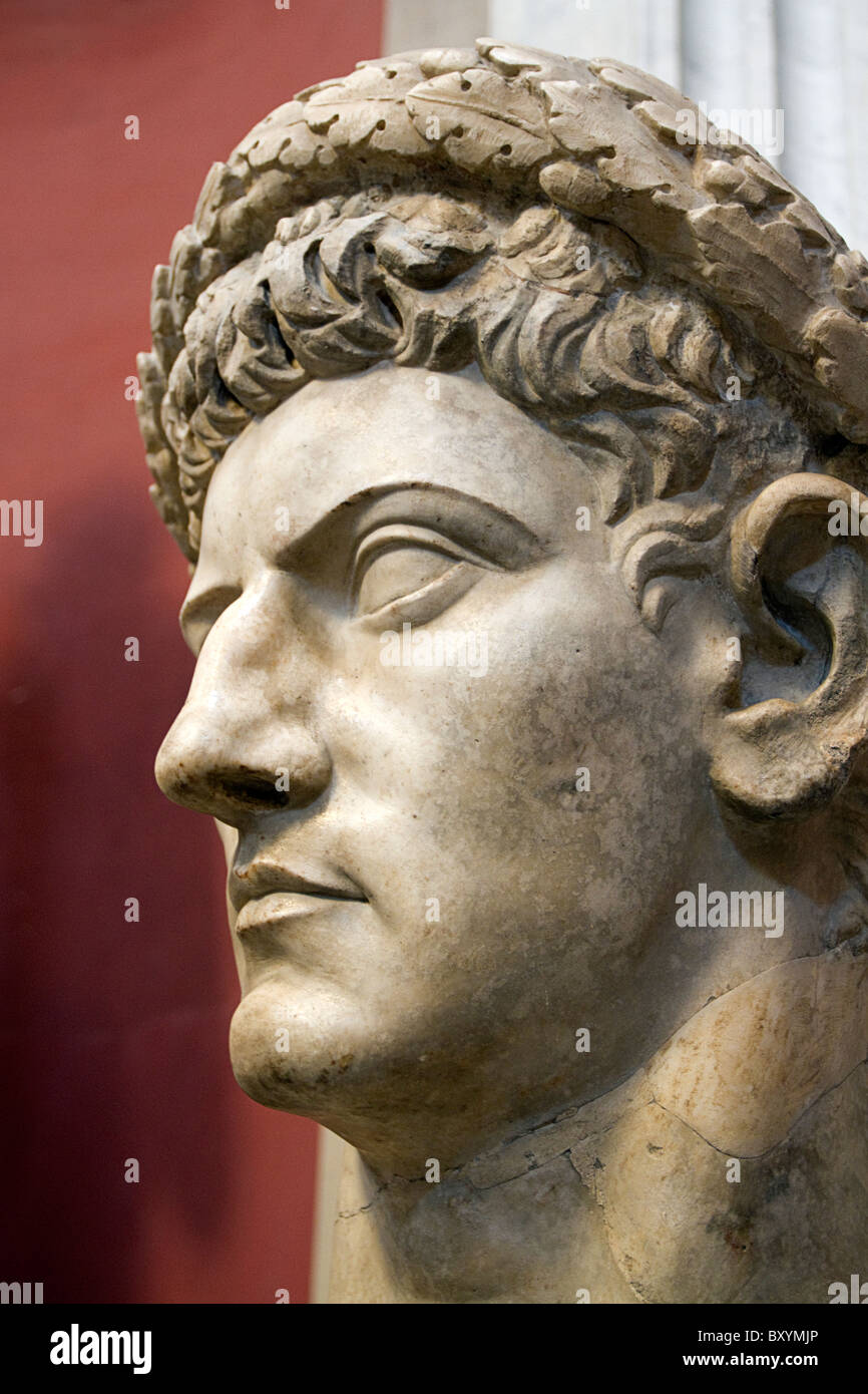 Detail of an exquisitely sculpted bust of a historic Roman man in the ...