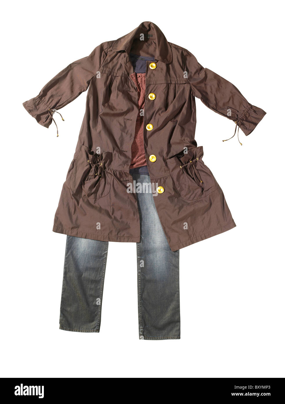 overhead shot of womens coat, raincoat and jeans cut out Stock Photo ...