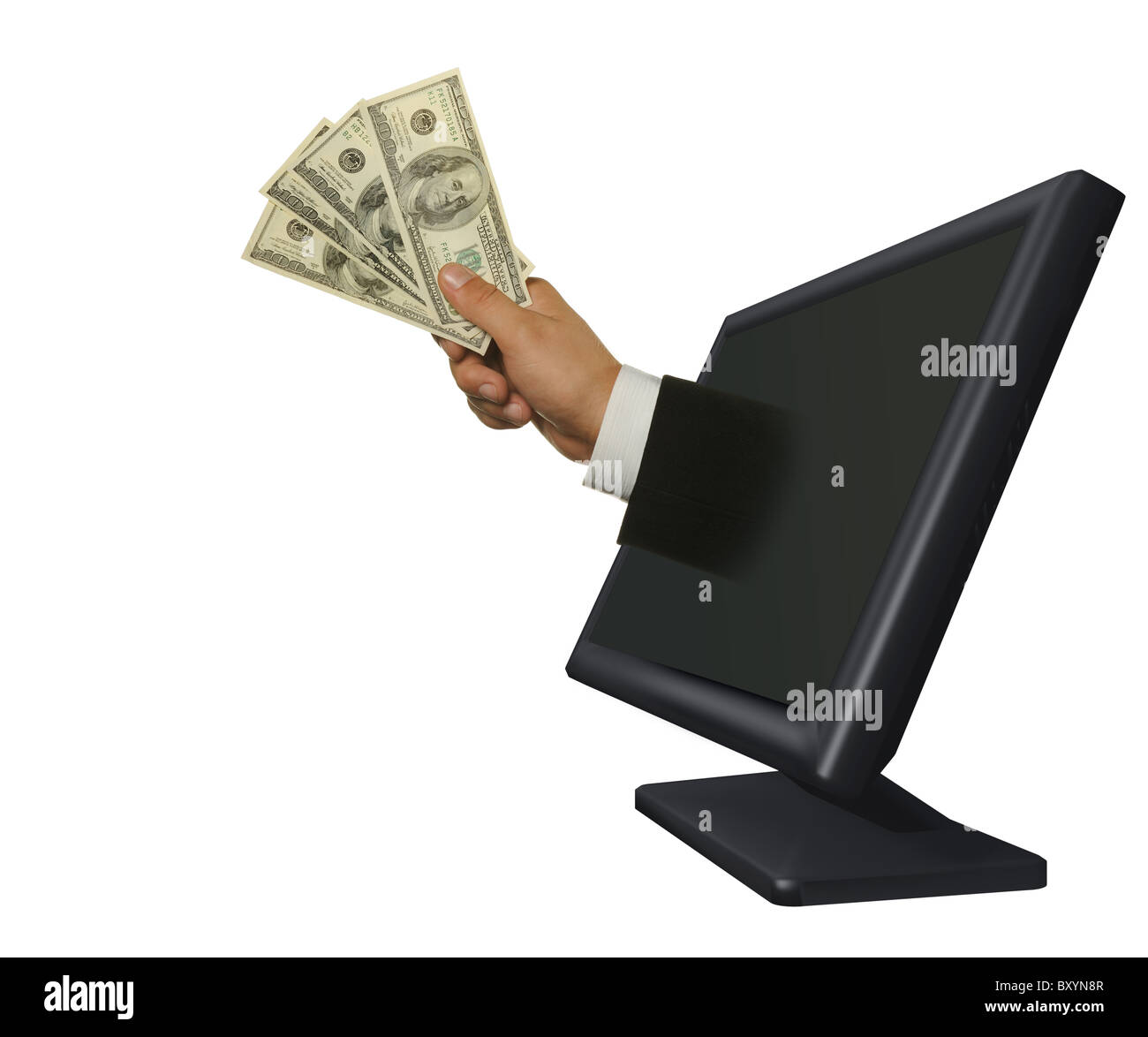 Getting money from monitor. It is isolated on a white background Stock ...