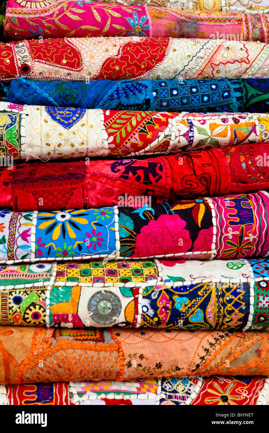 Variety of colorful embroidered Indian fabric Stock Photo - Alamy