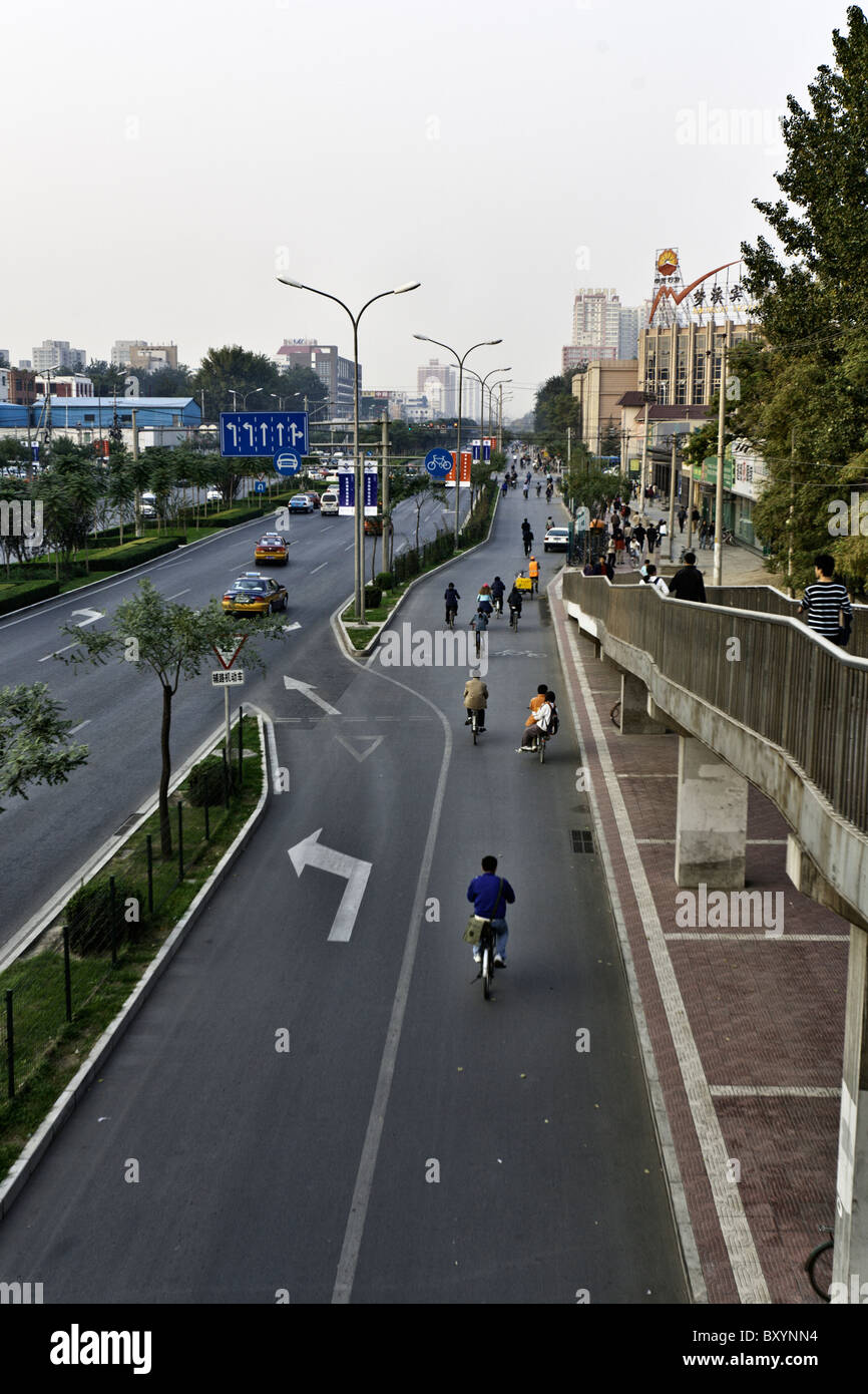 CHINA, BEIJING: View from pedestrian overpass of bicycle lane traffic ...
