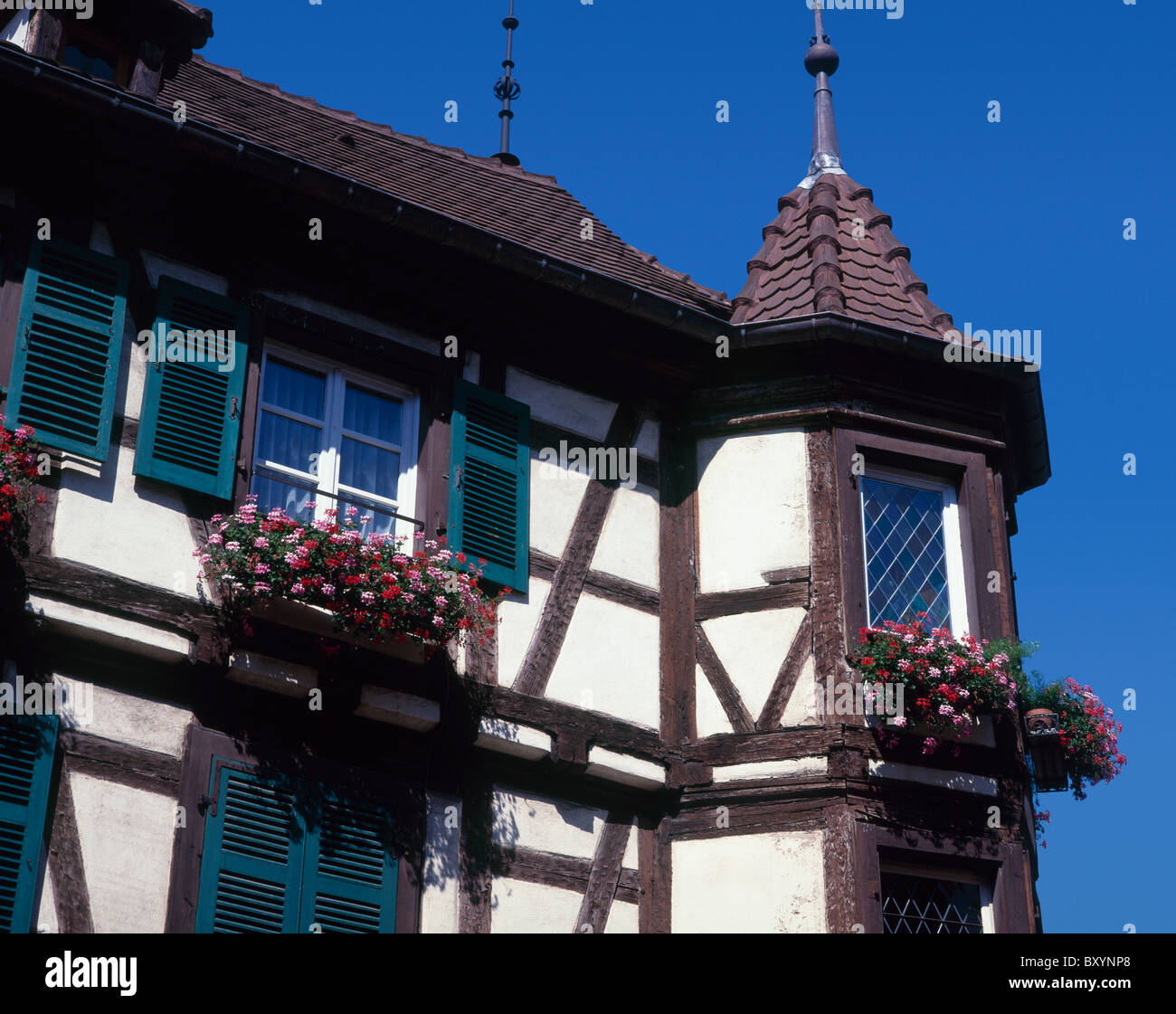Window boxes and Turret, Kaysersberg, Alsace, France Stock Photo - Alamy