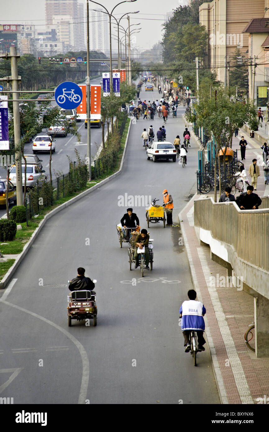 CHINA, BEIJING: View from pedestrian overpass of bicycle lane traffic ...
