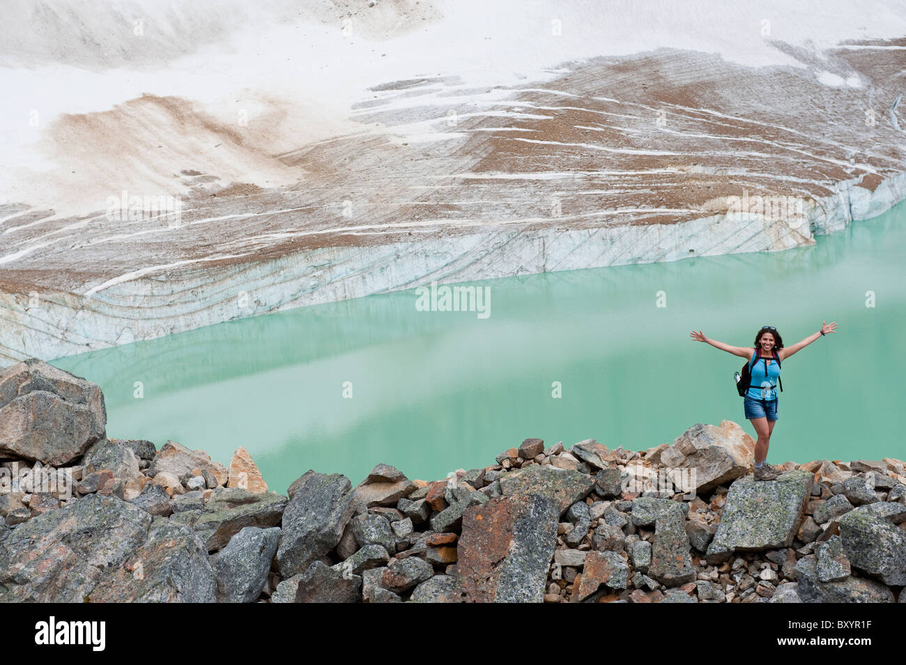 Hispanic woman hiking hear glacial lake Stock Photo - Alamy