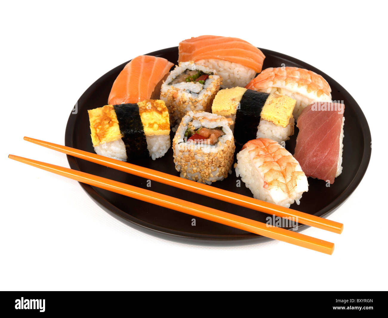 Selection Of Japanese Style Sushi Snacks Against A White Background ...