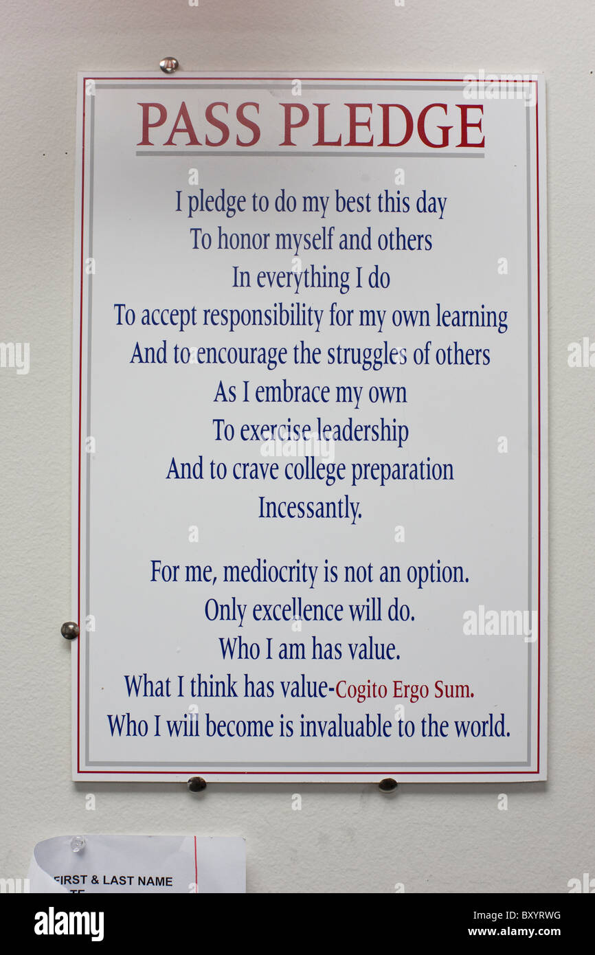 Personal pledge sign on the wall in a classroom at Peak Preparatory ...
