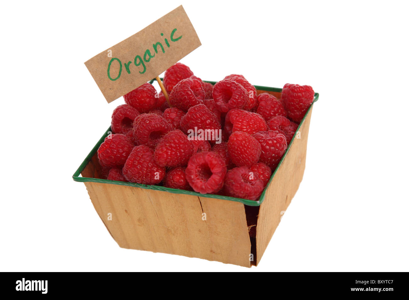 Raspberries with "Organic" sign on white background Stock Photo - Alamy