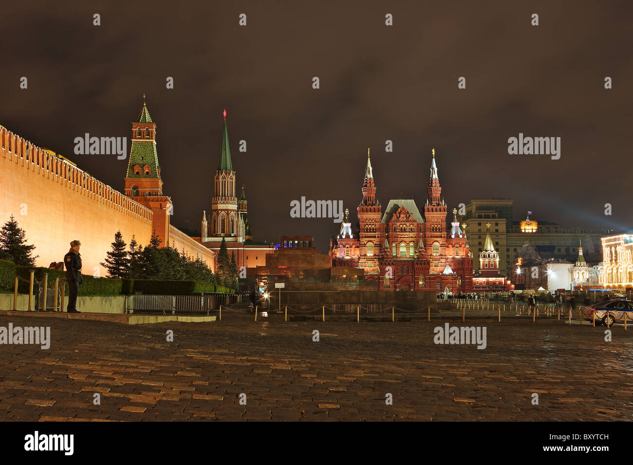 Red Square, Moscow, at night. Lenin Mausoleum in foreground; Historical ...
