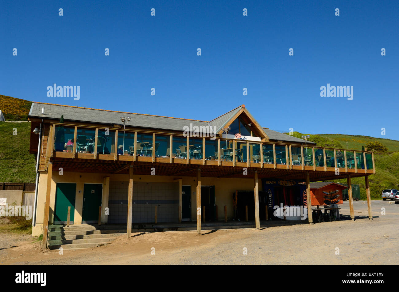 The Sands Cafe, toilets and Surfed Out shop at Saunton Sands beach near ...