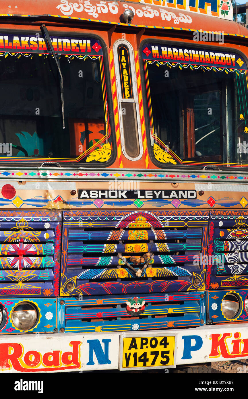 India haulage lorry in the street covered in hindu religious artwork ...