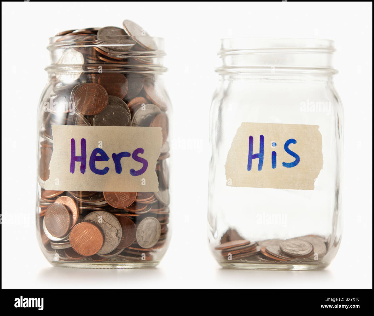 Studio shot of two jars with coins labeled "Hers" and "His Stock Photo ...