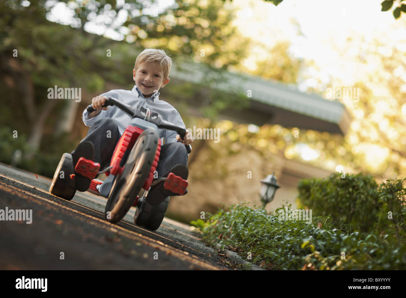 Portrait of boy riding tricycle Stock Photo - Alamy