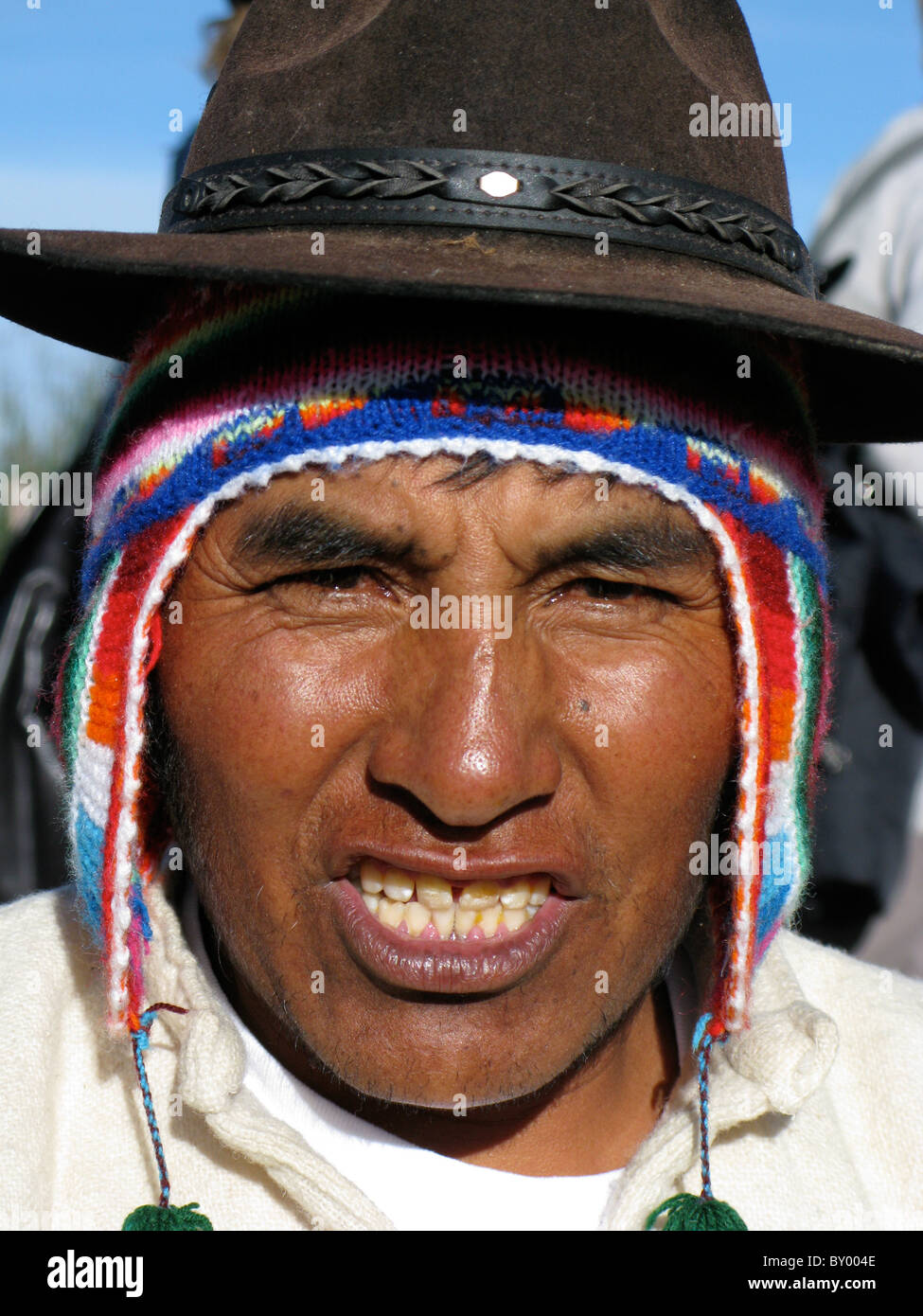 Aymara man on Uros Islands, Lake Titicaca, Peru Stock Photo - Alamy