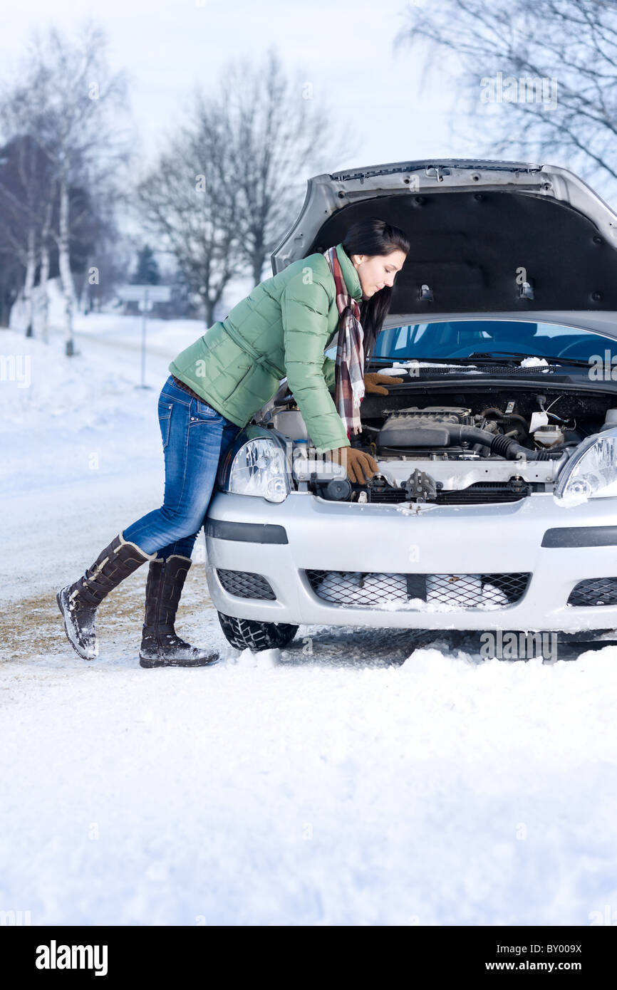 Winter car breakdown - woman try to repair motor Stock Photo - Alamy