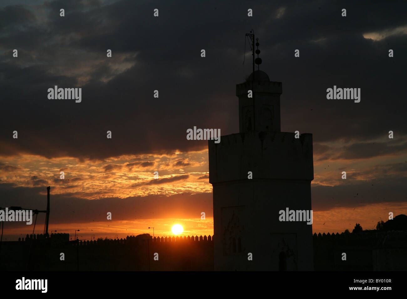 a silhouette of the city of fez in morocco with millions of swallows ...