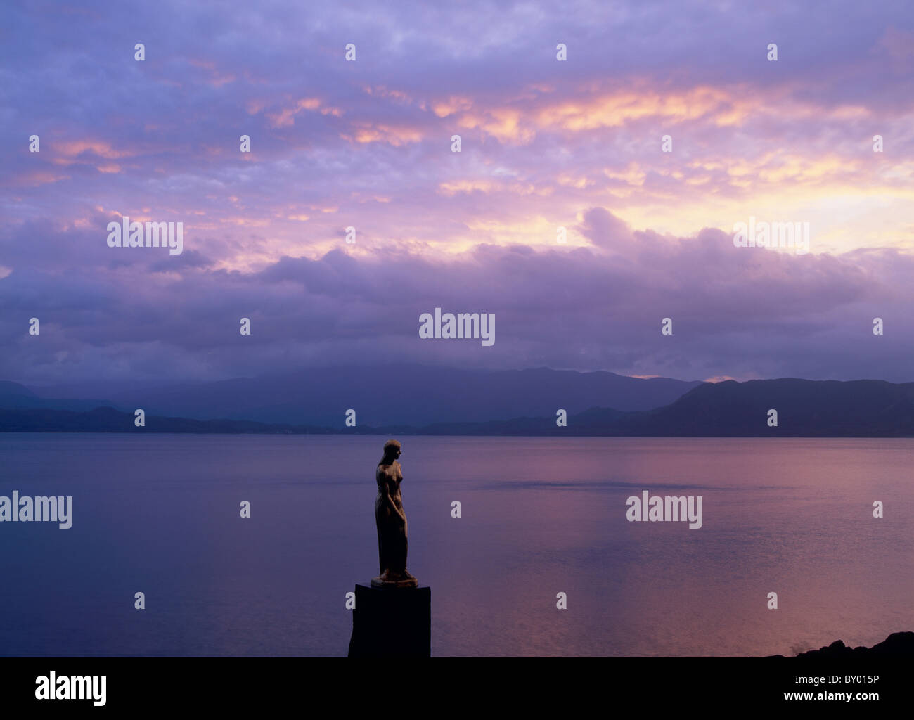 Statue of Tatsuko and Lake Tazawa in Dawn, Senboku, Akita, Japan Stock ...