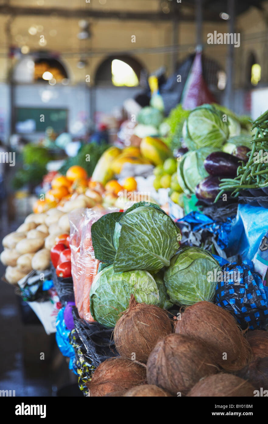 Fruit and vegetable stalls in municipal market, Maputo, Mozambique ...