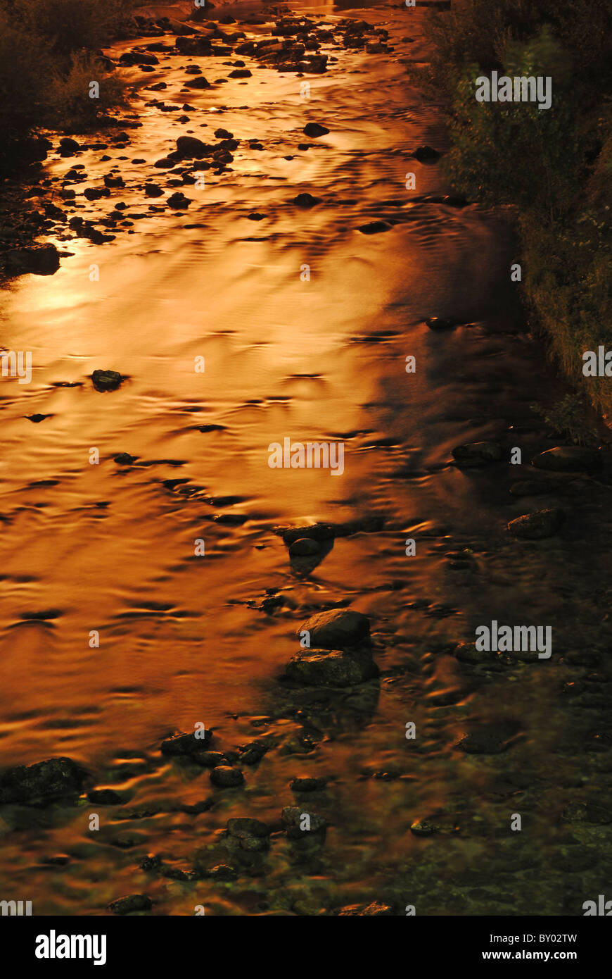 river in the night with radiant colors of yellow and green Stock Photo ...