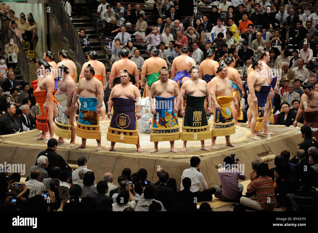 Makuuchi wrestlers ceremonial entrance, Grand Sumo Tournament May 2010 ...