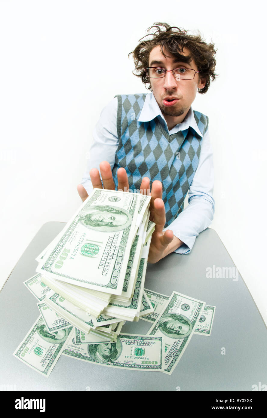 Portrait of strange man refusing to take money Stock Photo - Alamy