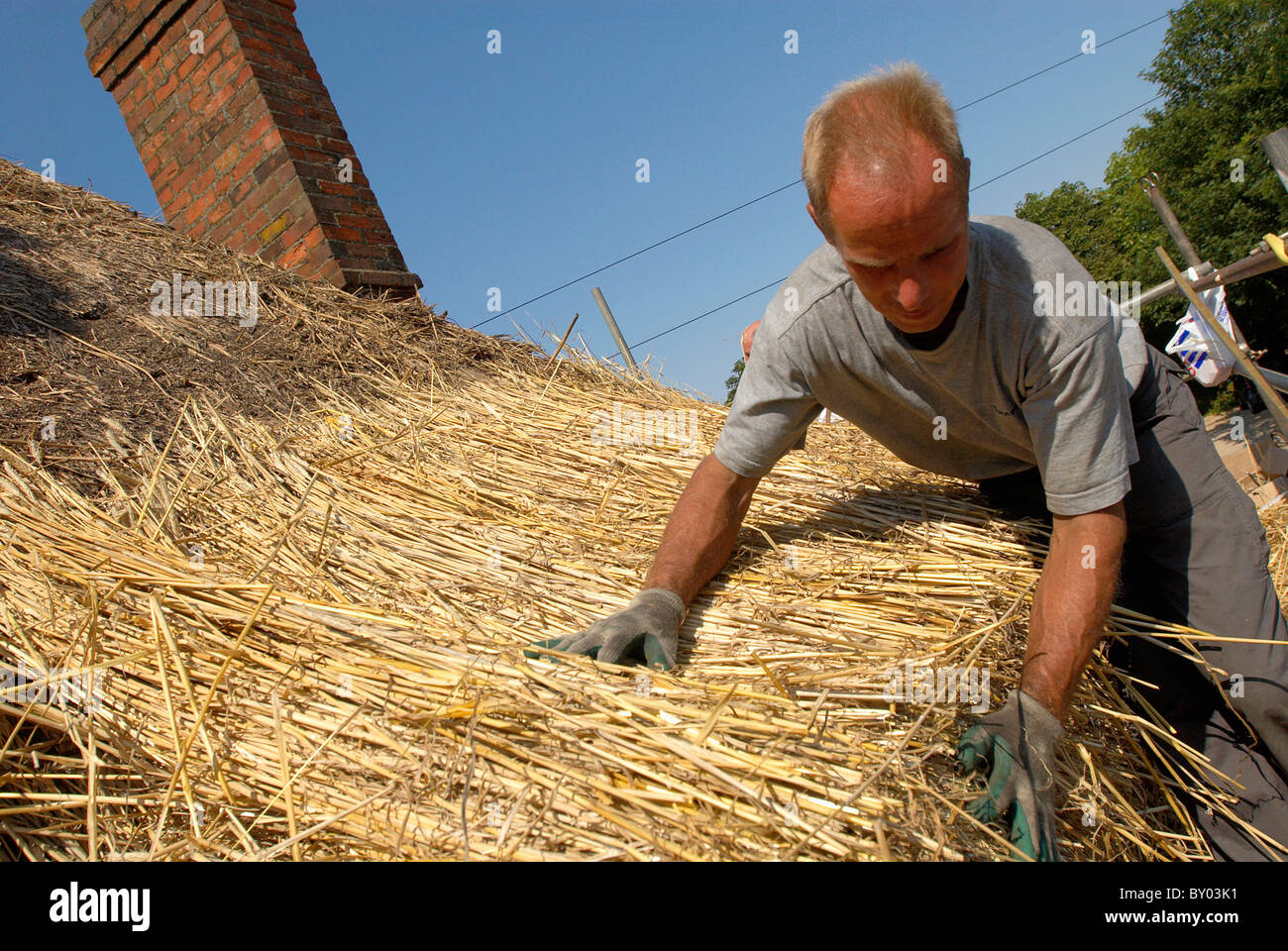 Man working on thatched roof Stock Photo - Alamy