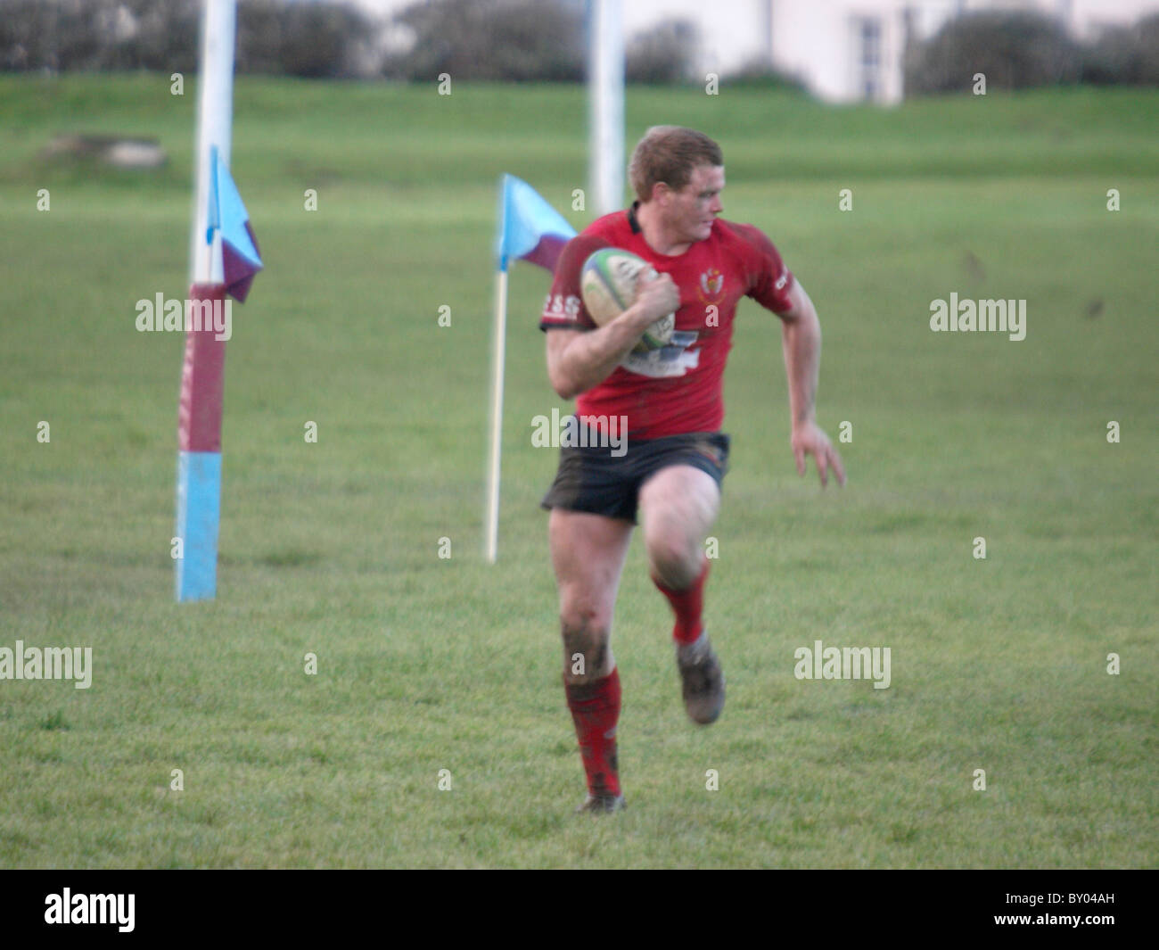 Sprinting up the wing, Amateur rugby match Bude RFC Versus Exeter ...