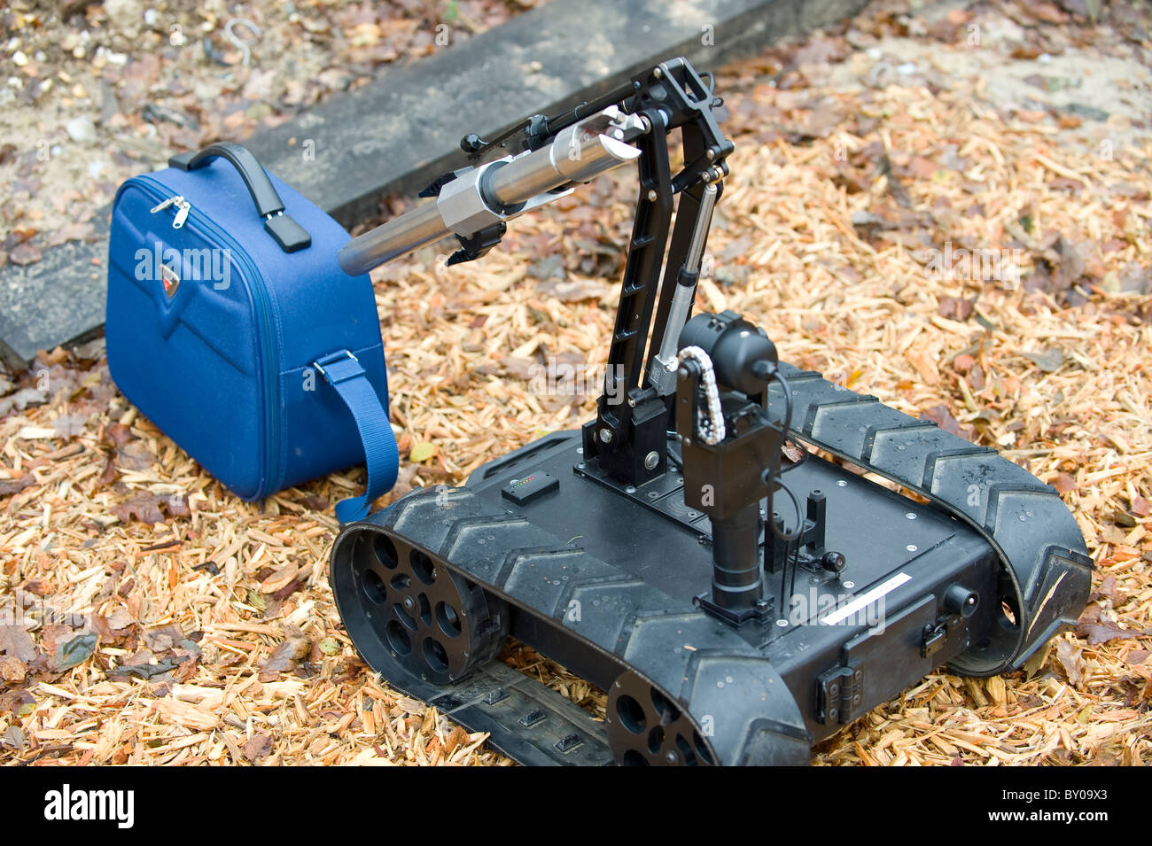 EOD Robot firing Water Jet Disruptor, training for dearming roadside ...