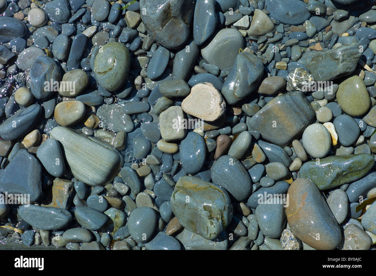Rocks and stone shingle wet from sea water, Kilkee, County Clare, West ...