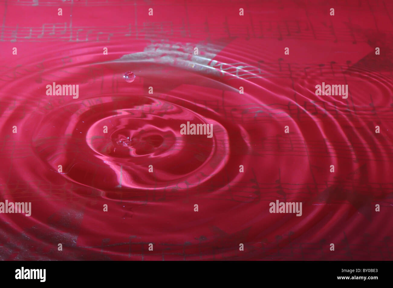 A water drop falls into a clear pool with musical notes as a backdrop ...