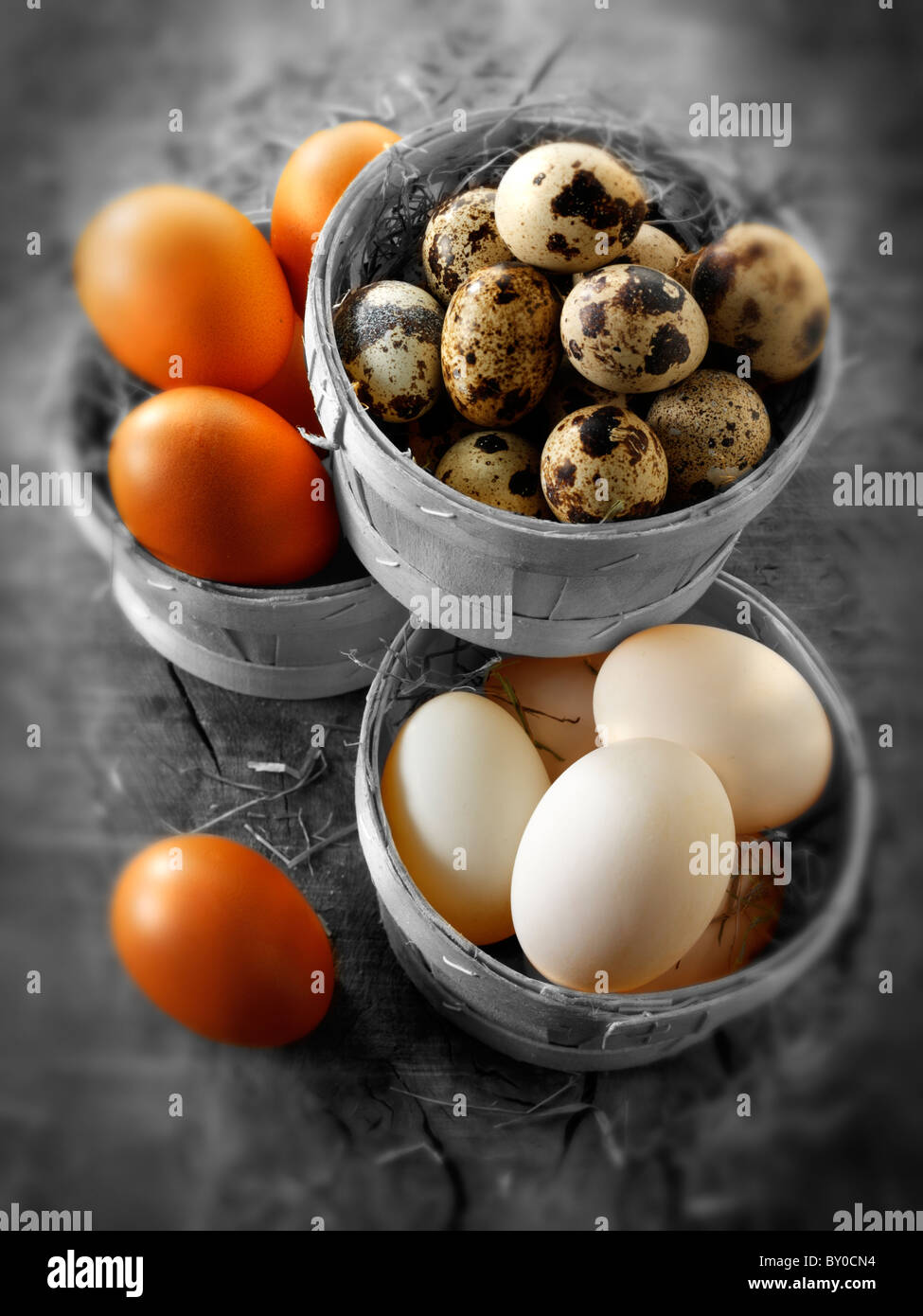 Punets of fresh organic Quail, duck & Chicken eggs Stock Photo - Alamy