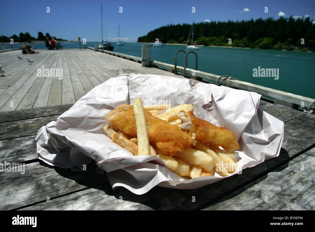 a portion of fish and chips, New Zealand's national dish, on Mapua ...