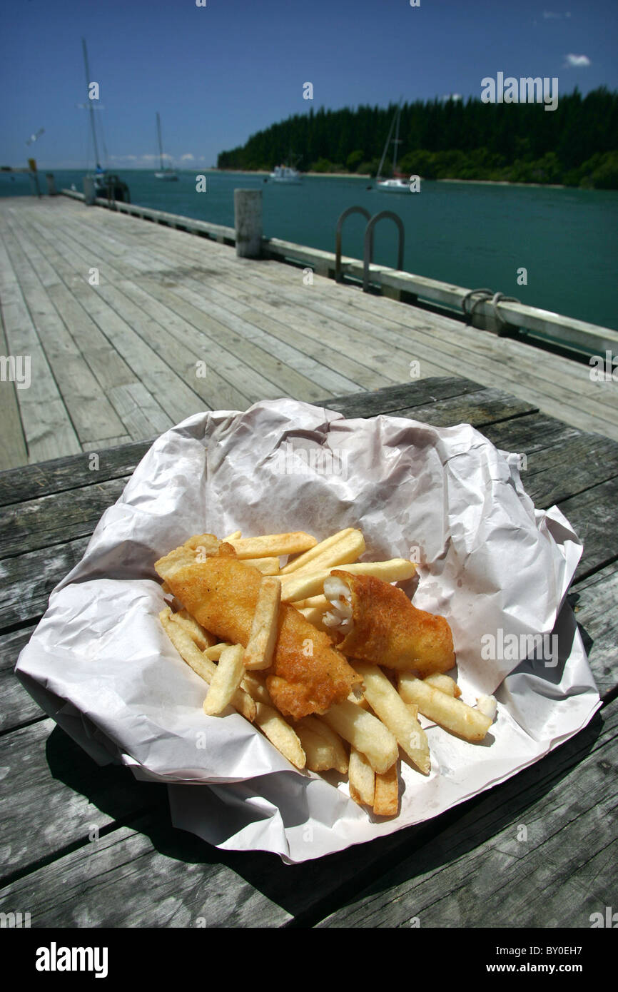 a portion of fish and chips, New Zealand's national dish, on Mapua ...