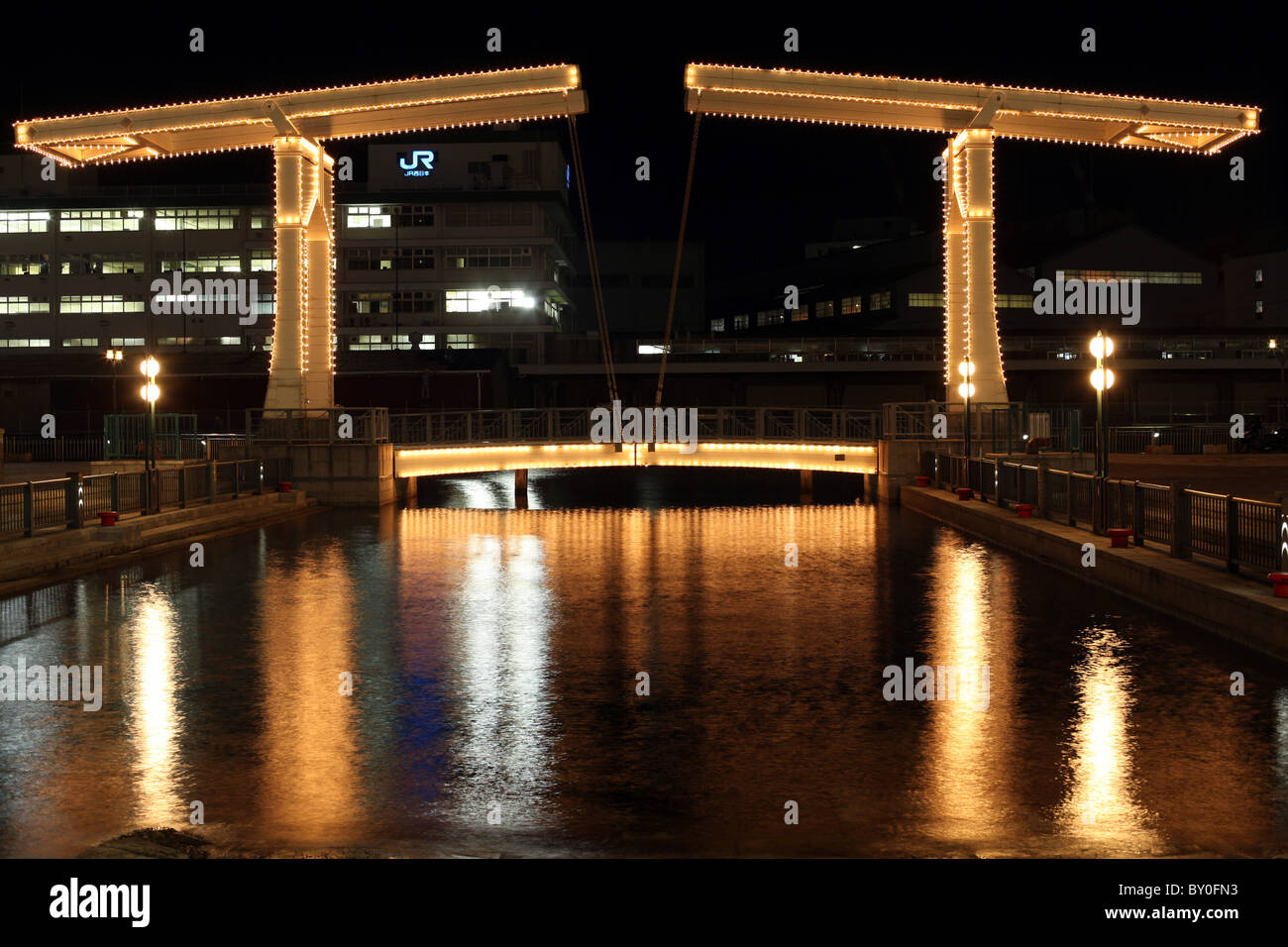 Illuminated bridge in Kobe Harborland, Kobe, Kansai province, Japan ...