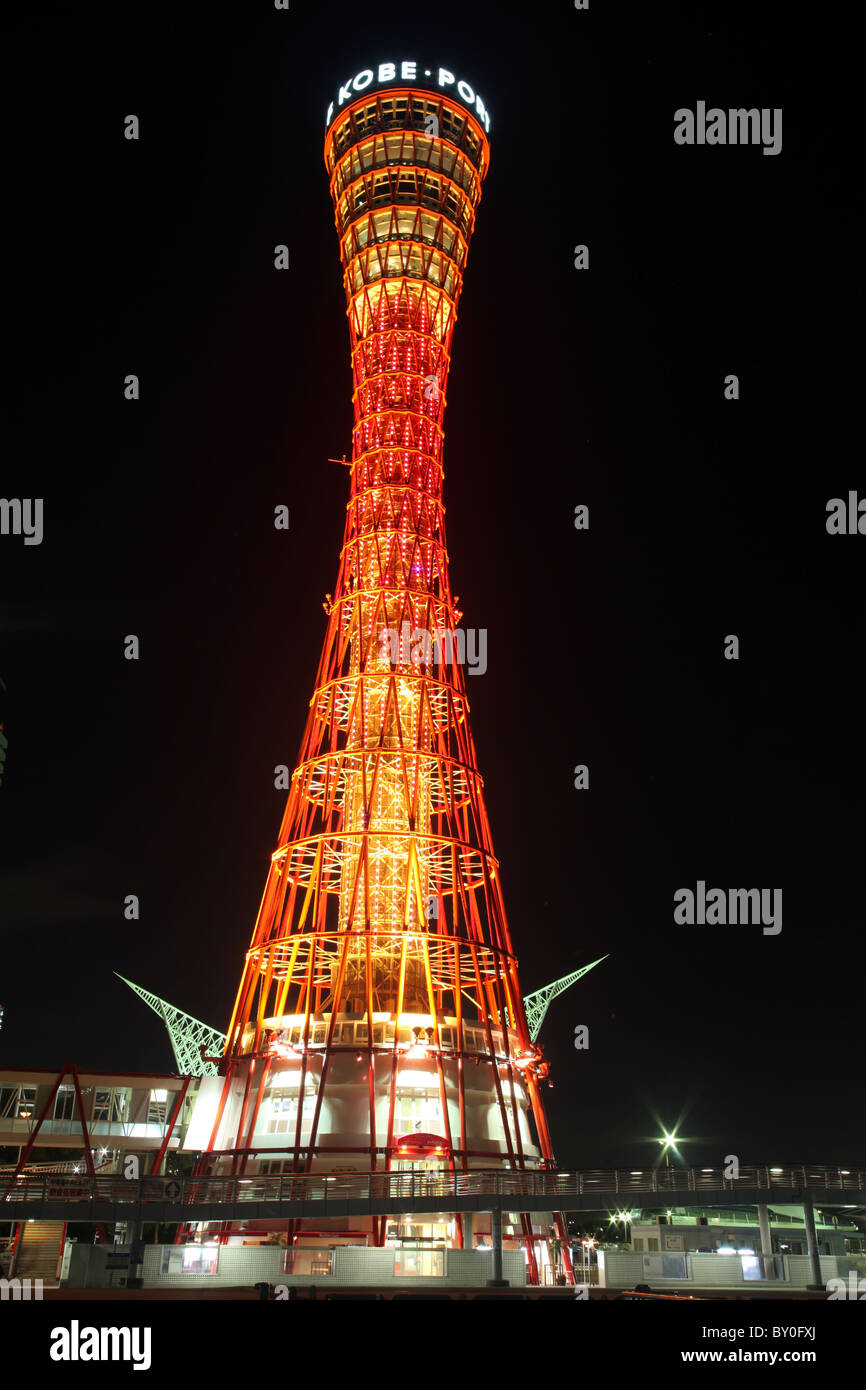 Port tower illuminated at night in Kobe Harbour, Kobe, Kansai province ...