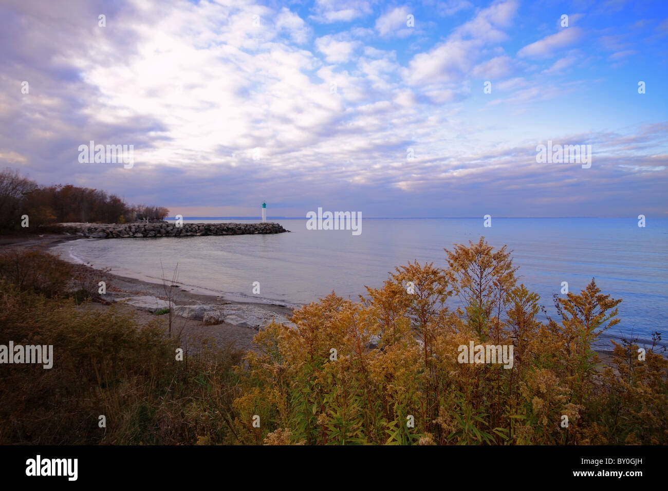 Lighthouse and sand beach in Fifty Point Conservation Area in Ontario ...