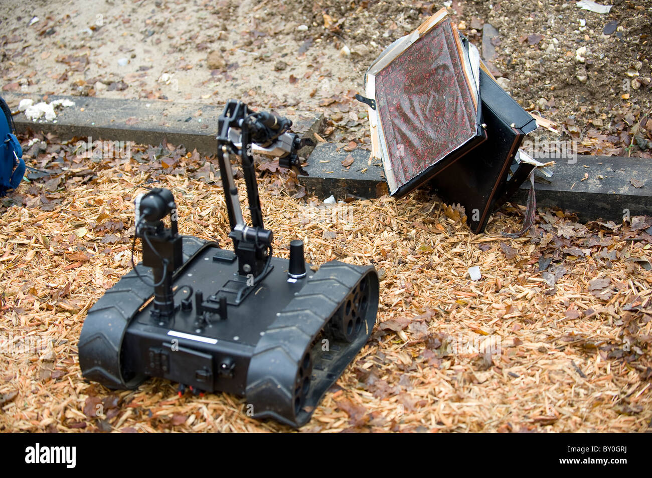 EOD Robot firing Water Jet Disruptor, training for dearming roadside ...