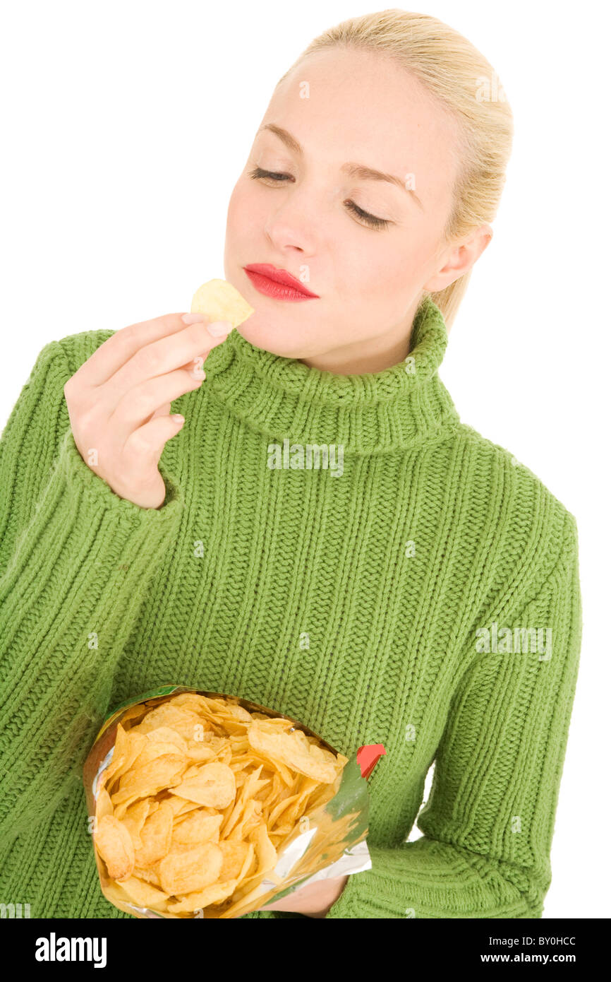 woman eating crisps Stock Photo - Alamy