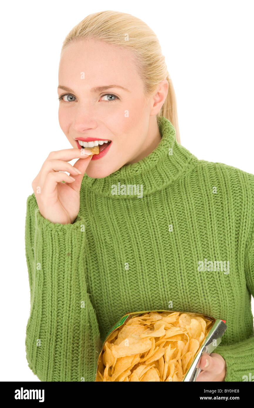 Woman eating crisps hi-res stock photography and images - Alamy