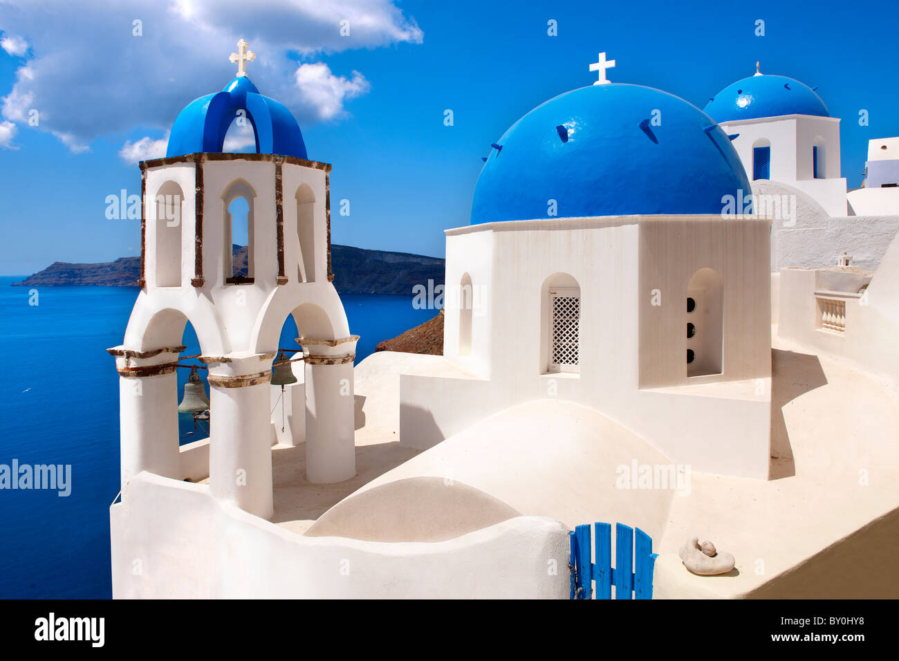 Oia, ( Ia ) Santorini - Blue domed Byzantine Orthodax churches, - Greek ...