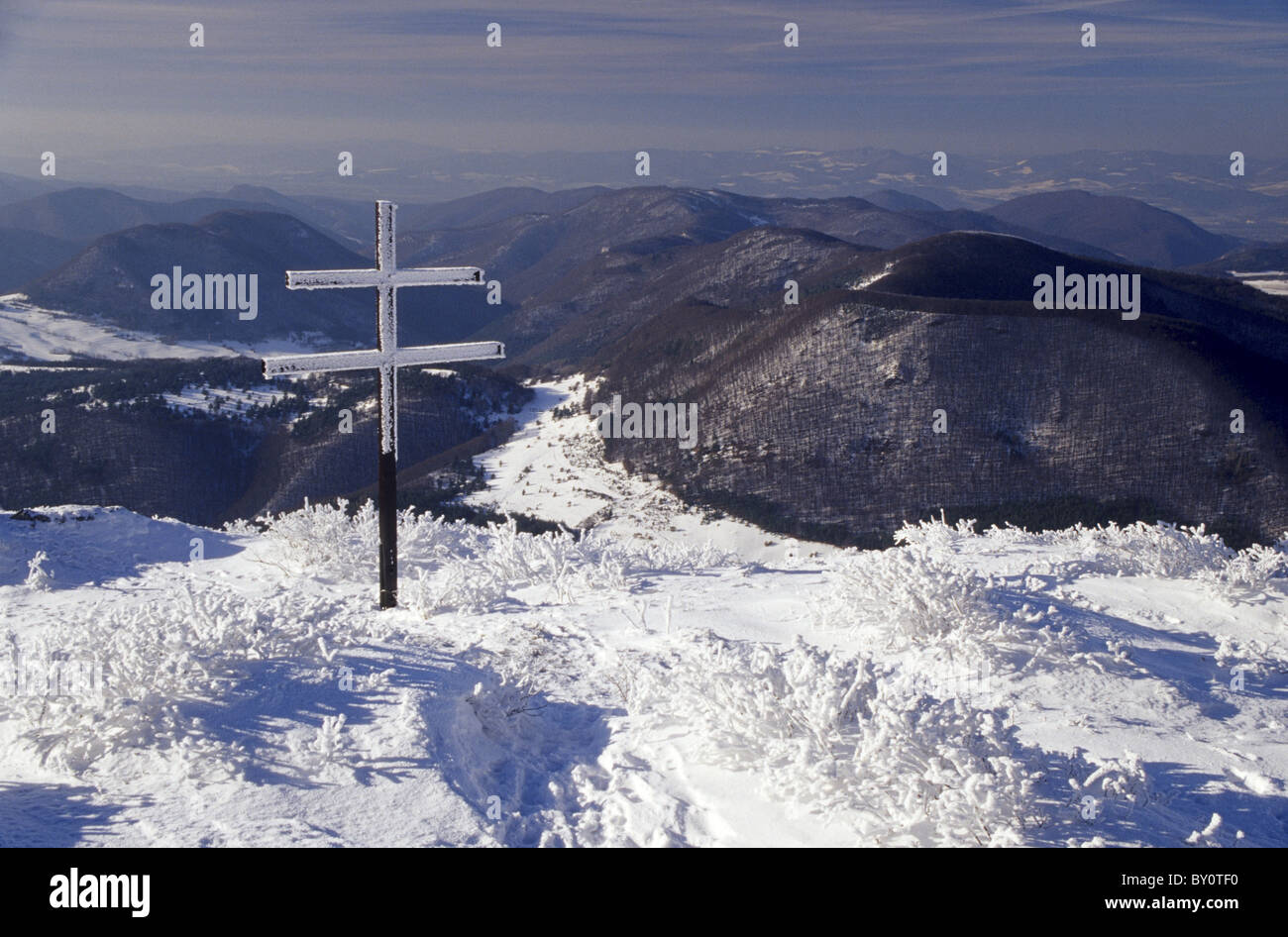 Double cross on the summit of Strazov, Strazovske vrchy, Slovakia Stock ...