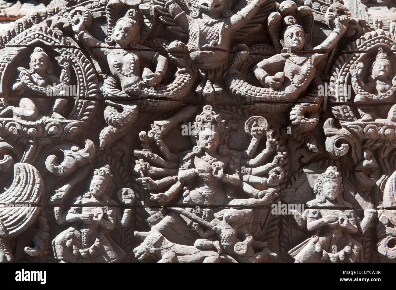 Newari style wood carvings on temples at Durbar Square in Kathmandu ...
