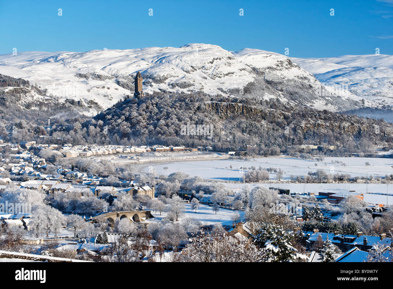 Stirling cityscape in winter. View towards the Wallace Monument and ...