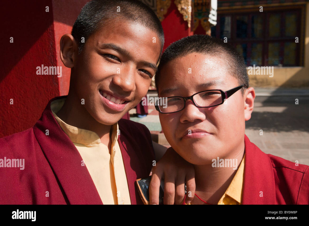 young Tibetan-Sherpa monks posing at a monastery at Bodhnath in ...