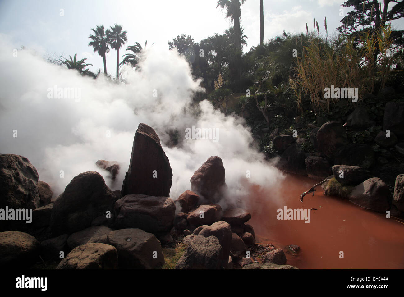 Hot Spring with steam rising, Umi Jigoku, Kannawa, Beppu, Kyushu, Japan ...