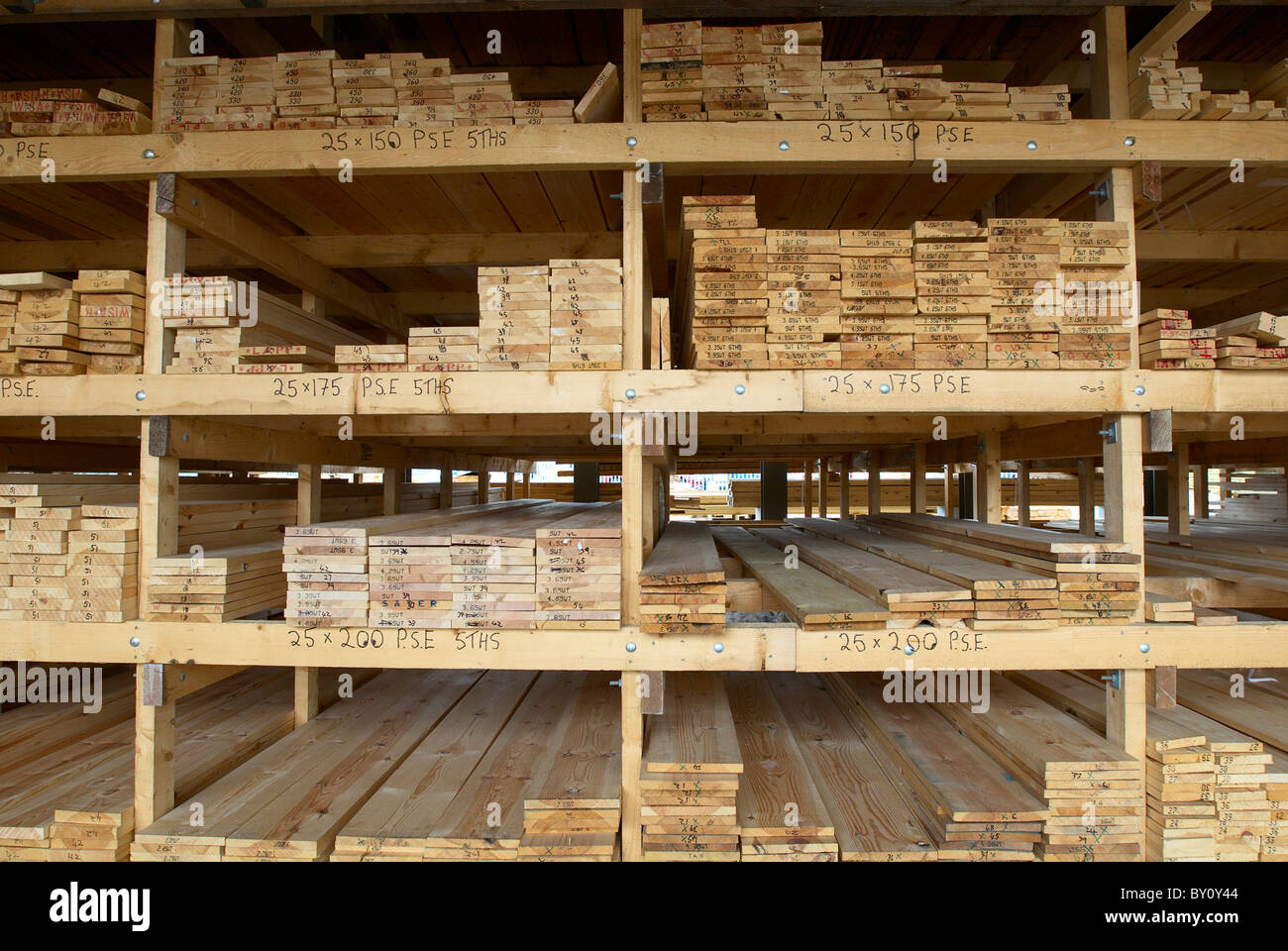 Stacked wood in timber's merchant warehouse Stock Photo - Alamy