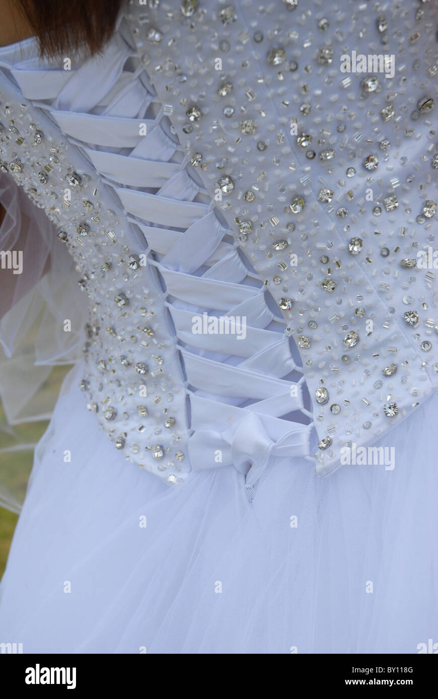 Rear / back view of a wedding a brides wedding dress detail Stock Photo ...