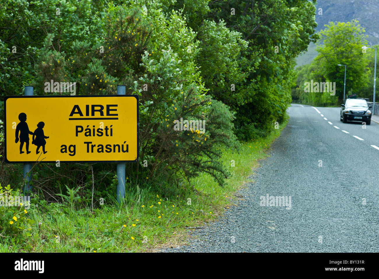 Caution Children sign in Gaelic in Gaelticht area of Connemara, County ...
